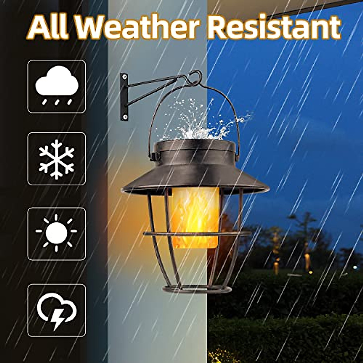 Solar Lantern Outdoor Vintage Metal, KINGLEAD Hanging Solar Lights Flickering Flame Lantern for Halloween Decorative Garden Patio Yard Porch Outdoor Waterproof Wall lights with Wall Mount Kit (2 Pack)