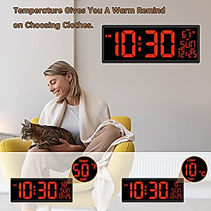 Soobest Digital Wall Clock with Date Temperature, Large LED Display Numbers with Dimmer 12 Inches(Red)