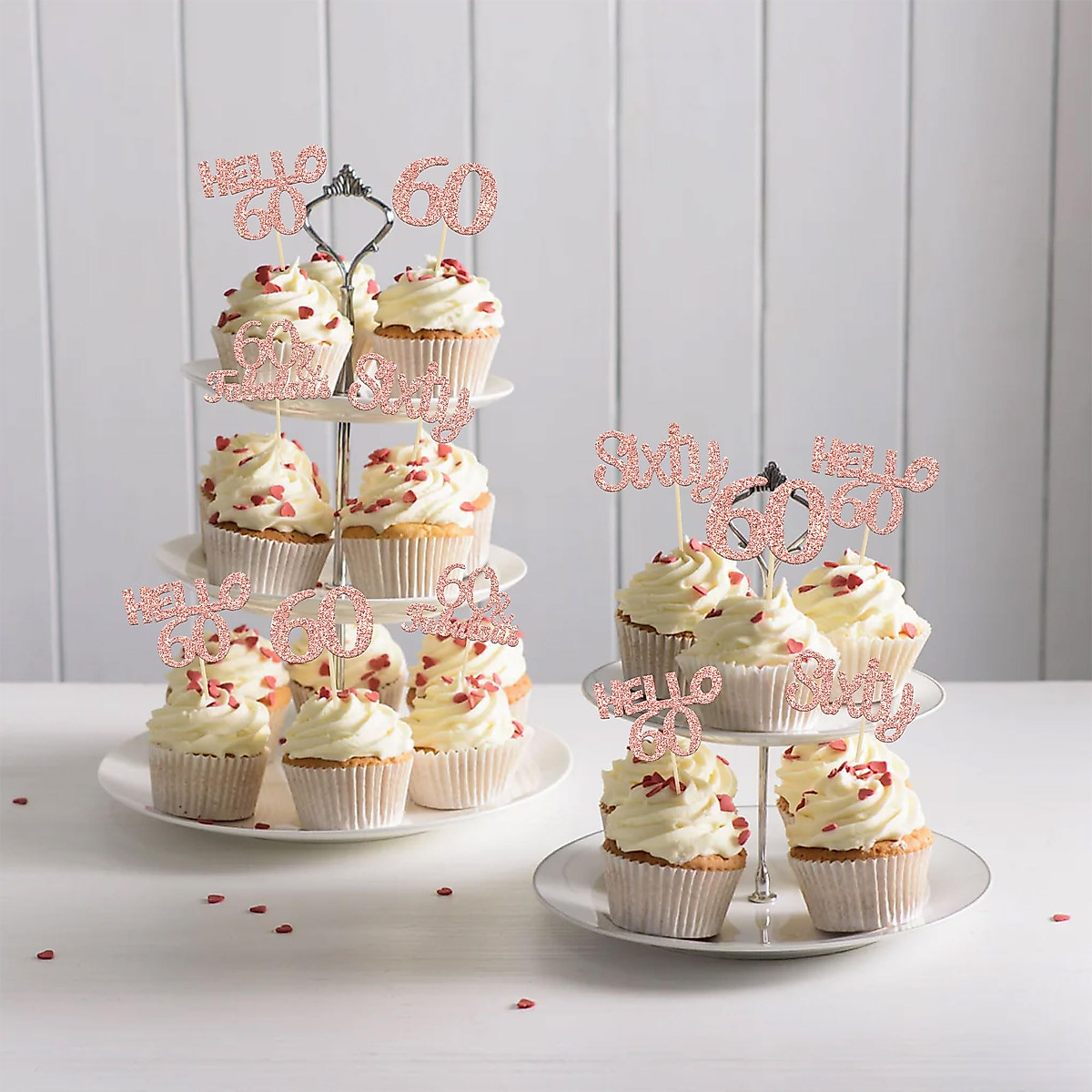 Gyufise 24Pcs Rose Gold Glitter 60th Birthday Cupcake Toppers Hello 60 Sixty Cake Toppers 60 & fabulous Cupcake Picks 60th Birthday Cake Decorations Supplies