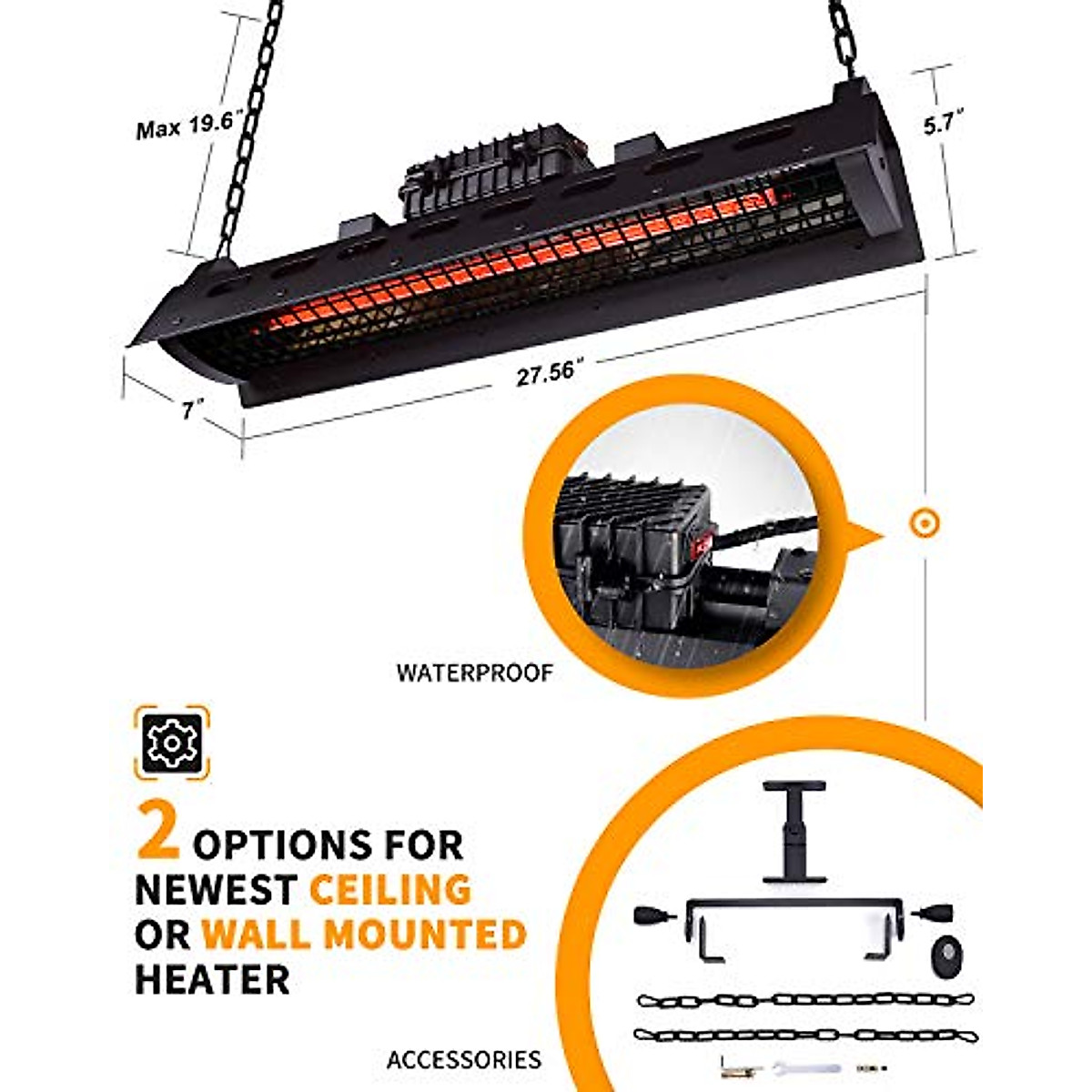 Star Patio Electric Patio Heater with Remote, Wall Mounted, Outdoor Ceiling Patio Heater, Outdoor Heaters, Infrared Heater, Hanging Patio Heater, Industrial Black, STP2020-A-RM N1