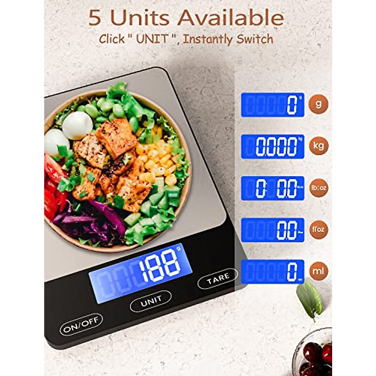 Food Scale -33lb Digital Kitchen Scale for Food Ounces Grams Rechargeable 304 Stainless Steel,Batteries and Type-C Charging | Perfect for Meal Prep, Cooking, and Baking