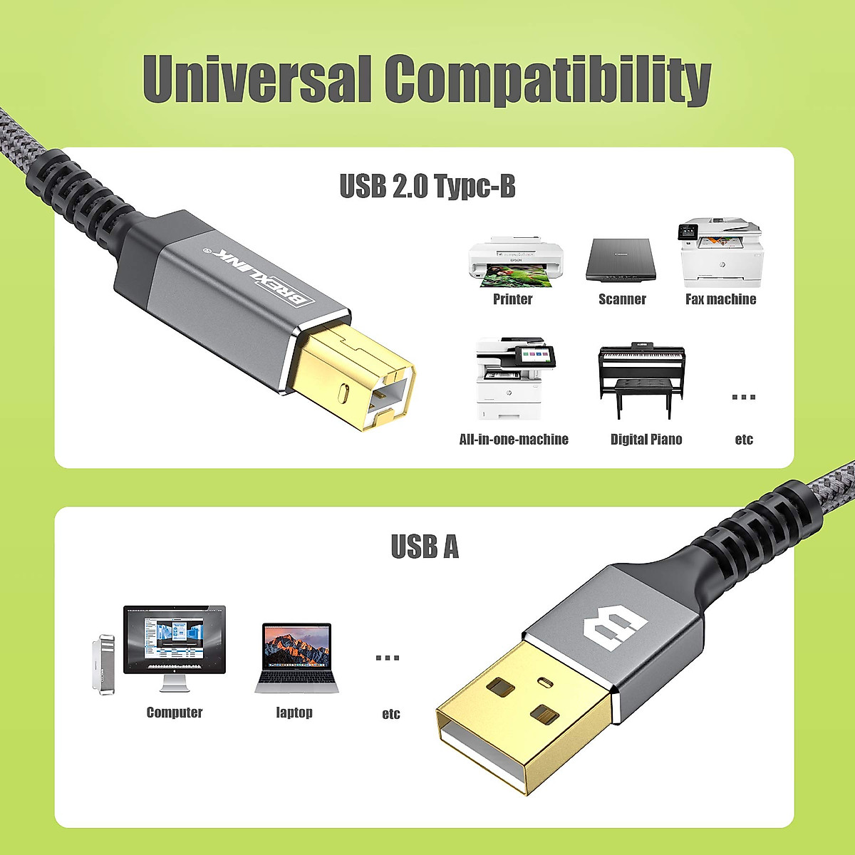 BrexLink USB 2.0 Printer Cable10ft, A-Male to B-Male Printer Cord, Durable Nylon Braided High Speed Scanner Fax Cord Compatible with HP, Canon, Dell, Epson, Lexmark, Xerox, Samsung (Grey)
