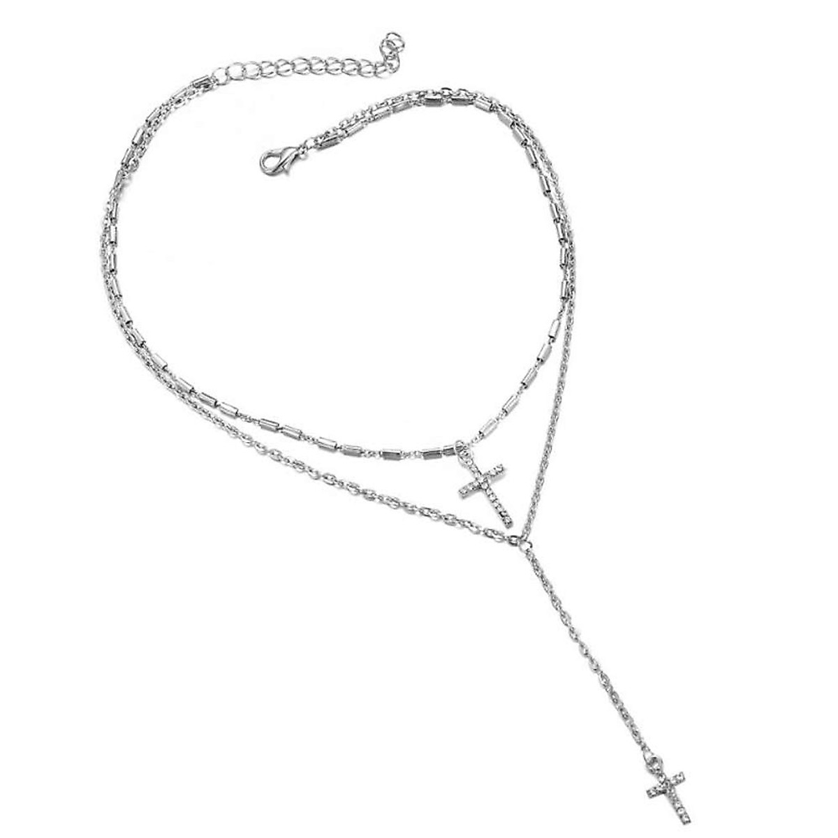 Aimimier Layered Choker Necklace Cross Necklace Rhinestone Cross Charm Pendant Necklace Bohemia Jewelry for Women(Silver)