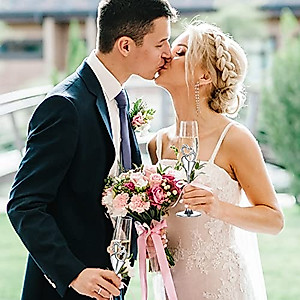 VARLKA Wedding Champagne Flutes and Cake Knife Server Set Wedding Gifts Toasting Glasses with Rhinestone Rimmed Hearts Decoration for Couple Bride and Groom, Cake Cutting Set of 4 for Wedding