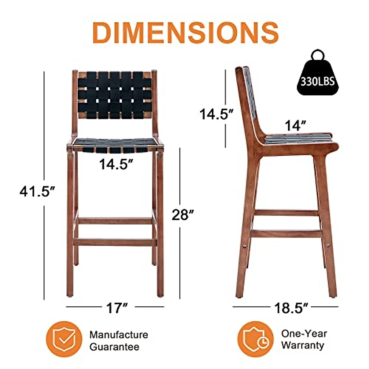 Bonzy Home 28" Woven Bar Stools Set of 2, Faux Leather Kitchen Stool Chairs with Back and Wooden Legs, Comfy Bar Chairs Bar Height Stools for Kitchen Island, Black