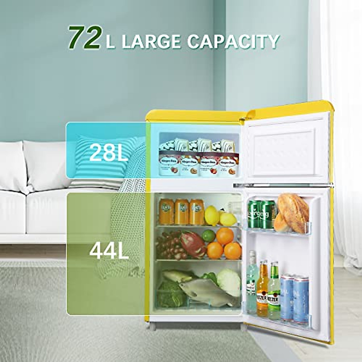 WANAI Compact Mini Refrigerator 3.2 Cu.Ft Small Refrigerator with Freezer, Retro Mini Fridge with Dual Door,7 Adjustable Thermostat, Adjustable Shelves For Dorm, Office Bedroom, Yellow