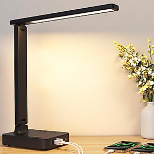 Wood LED Desk Lamp with 3 USB Charging Ports and 2 AC Outlets,3 Color Temperatures & 3 Brightness Levels, Touch/Memory/Timer Function,10W Eye Protection Foldable Reading Light,Office Table Lamp Wood