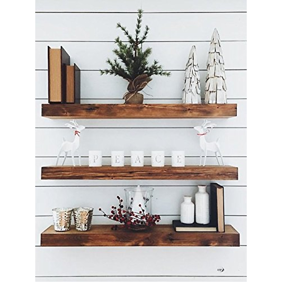 New England Wood Crafters Wooden Floating Shelves - Wall Decor for Home Kitchen, Bathroom, Bedroom - Rustic Pine Custom Office Organizer with Mounting Brackets - Set of 3 (7.5x1.5)(Special Walnut, 36)