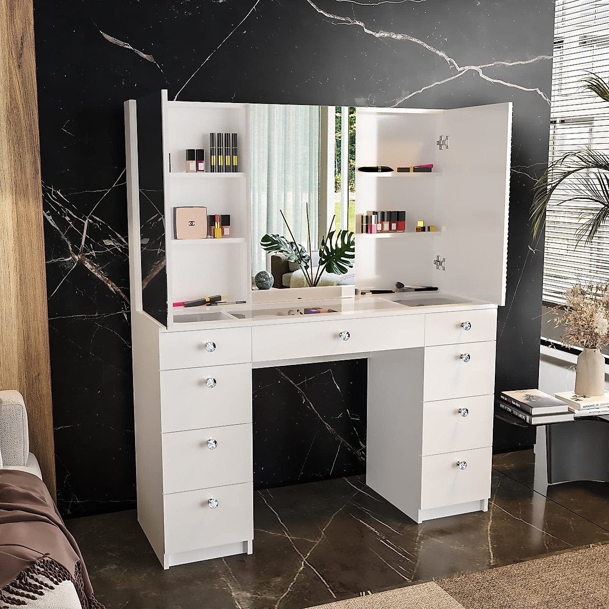 Boahaus Lily White Makeup Vanity Desk with Mirror Cabinets, Glass Top, 9 Drawers, and Crystal Ball Knobs - Modern Makeup Desk - Big Vanity - Large