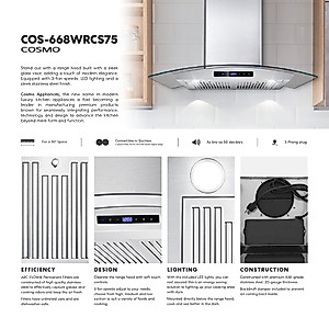 COSMO COS-668WRCS75 30 in. Vista Collection 380 CFM Ducted Wall Mount Range Hood, Touch Controls, LED Lights, Stainless Steel