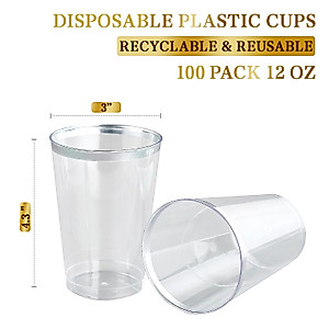 FOCUSLINE 200 Pack 12 oz Silver Rimmed Plastic Cups, Clear Plastic Cups 12 Ounce Tumblers, Heavy-duty & Fancy Disposable Hard Plastic Cups with Silver Rim for Wedding Cups Elegant Party Cups