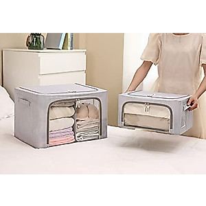 Foldable Clothes Storage Bins 2 Pack, Stackable Metal Frame Clothing Storage Box, Oxford Fabric Organizer Set with Clear Windows&Sturdy Carry Handles(22L,Light Grey)