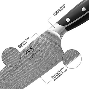 Damascus Kitchen Knife Set with Block, Razor Sharp 67-Layer VG10 Steel and Triple Rivet Handle, Included Chef/Santoku/Utility/Bread/Paring Knives, Sharpener, Kitchen Shears-Natural Wooden Block, 9Pcs