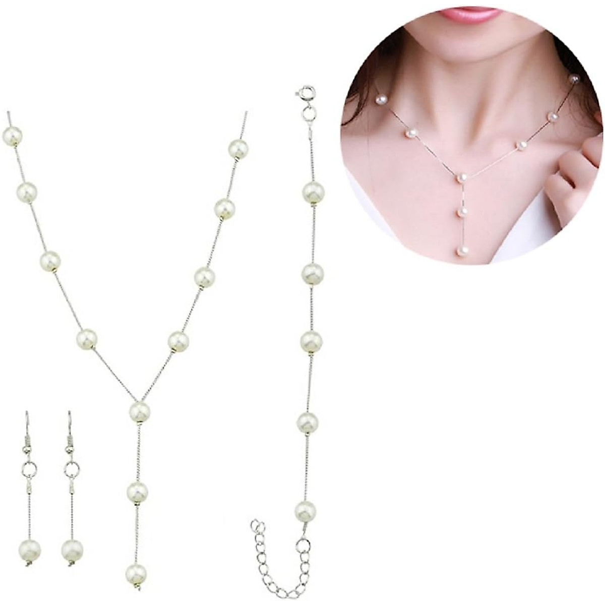 Faux Pearl Necklace Earring Bracelet Jewelry Set, Delicate and Classy Costume jewelry Favors