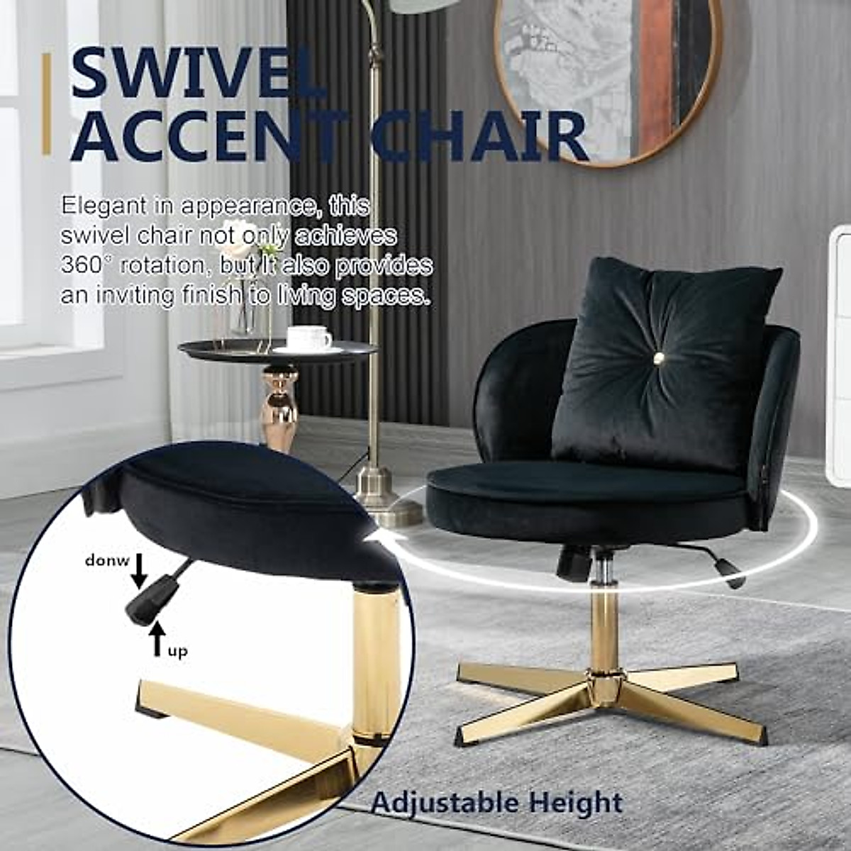 MOONMISS Swivel Office Desk Chair - Ergonomic Comfy Desk Chairs with Pillow, Adjustable Velvet Vanity Chair for Study, Office, Make-up, Black-Gold Legs