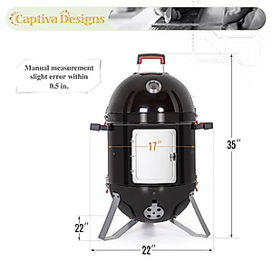 Captiva Designs 18-inch Vertical Charcoal Smoker Grill with Porcelain-Enameled Smoking Chamber, Wood Mountain Smoker for Meat Turkey and BBQ, with Built-in Thermometer