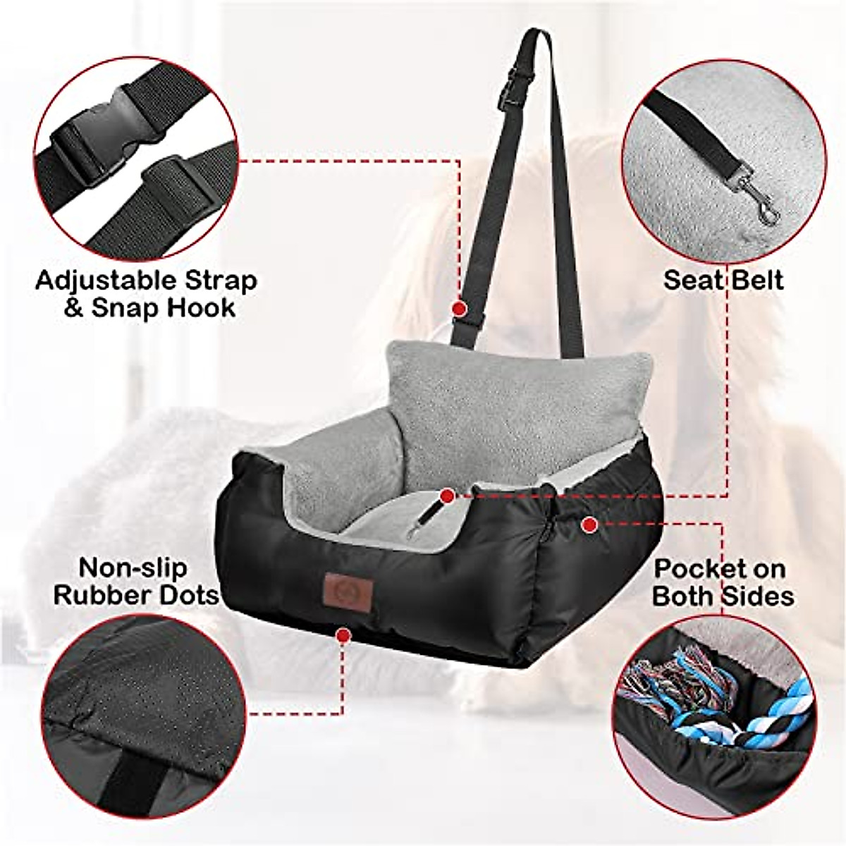 FAREYY Dog Car Seat for Small Dogs, Warm Soft Pet Car Seat Washable Dog Car Bed with Storage Pocket and Clip-On Safety Leash Portable Car Travel Carrier Booster Seats