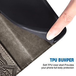 Compatible with Samsung Galaxy A40 Wallet Case and Tempered Glass Screen Protector Leather Mandala Flower Flip Cover Credit Card Holder Stand Cell Phone Cases for Glaxay A 40 Gaxaly 40A Women Men Gray