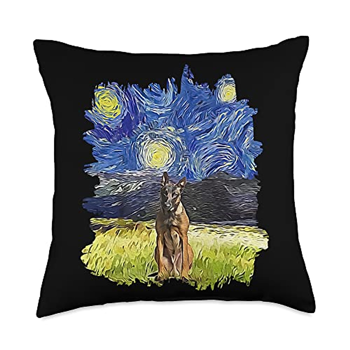 Belgian Malinois Gift for Men Women & Youth Starry Night Impressionist-Dog Art Belgian Malinois Throw Pillow, 18x18, Multicolor
