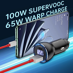 for Oneplus Car Charger 100W 80W SuperVooc Warp Charge 65W Car Charger for One Plus 13 12 13R 12R 11 10 Pro 9 10T 8T 8 7T 7 Open Pad Nord 2T CE 3 4 N20 N30 N100, 25W PD PPS USB C Port 3ft Fast Cable