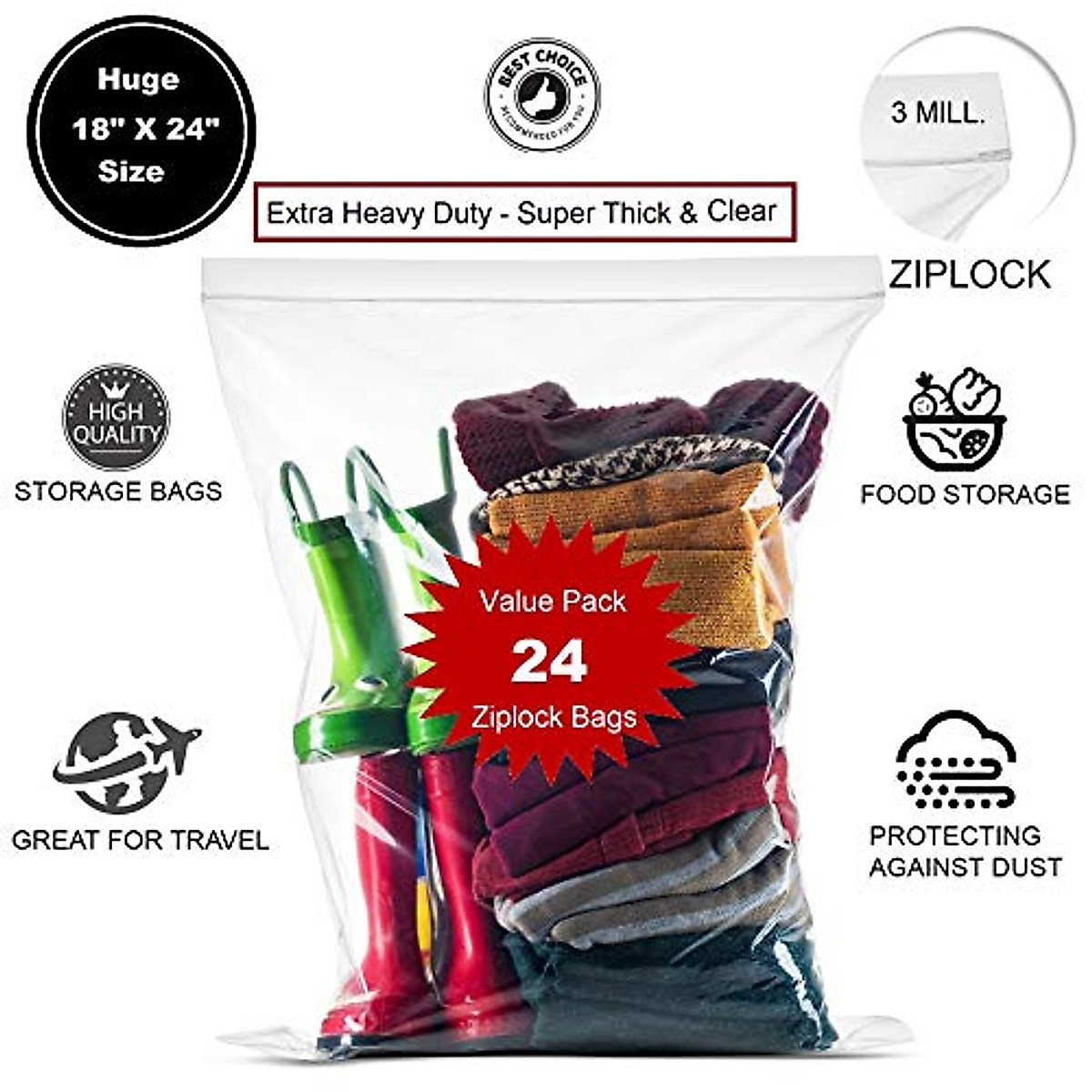 [ 24 COUNT ] - 3 MILL - 18"x24" - Extra Large Super Big Bags, Zipper - 3 MILL - Jumbo Big Plastic Bags, Clear 5 Gallon Bags,- 24 Count