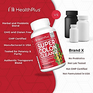 Health Plus Super Colon Cleanse 10 Day Gentle Gut Cleanse Detox, Psyllium Husk, Probiotics for Constipation Relief & Digestive Support, 60 Capsules