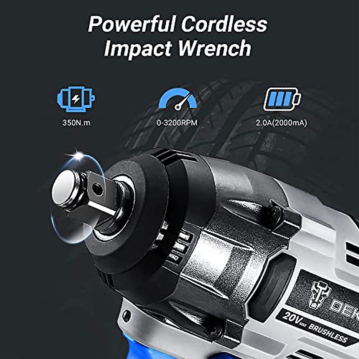 DEKOPRO 20V Cordless Impact Wrench, 1/2 Inch Chuck, 3200 RPM, 258 ft-lbs Max Torque, Li-ion Battery, Fast Charger, Tool Bag