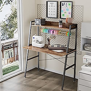 DESIGNA Small Computer Ladder Desk with Storage Shelves, 43 Inch 2-Tier Home Office Students Study Writing PC Gaming Table with Bookshelf Modern Workstation for Space Saving, Metal Frame, Rustic Brown