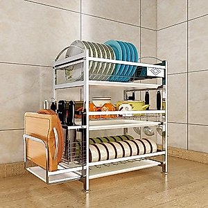 Plate Rack Dish Drainer Rack Stainless Steel with Knife Utensil Basket Removable Tray Large Space to Hold Dishes Bowls and Spoons Pan Plate Holder (Color : Silver, Size : 40.5x29x62cm)