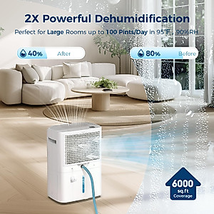Dehumidifier for Basement with Drain Hose, 100 Pint 6,000 Sq. Ft Energy Star Dehumidifier for Large Home & Room, Quiet Dehumidifiers with Adjustable Humidity Control,24H Timer, 1.5 Gal Water Bucket