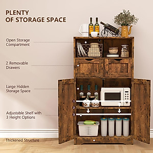 WEENFON Storage Cabinet with 2 Adjustable Drawers & 2 Barn Doors, Floor Cabinet, Freestanding Cupboard with Adjustable Shelf, for Living Room, Home Office, Kitchen, Rustic Brown