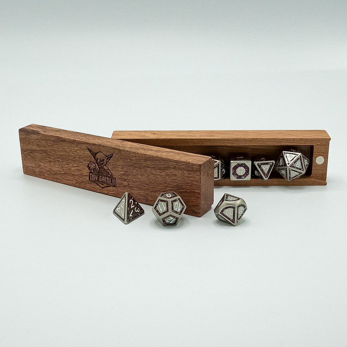 TINY GREMLIN – Cherry Wood Single Set Dice Storage Case with Magnetic Lid - Box Holds 7 Polyhedral (Metal, Resin, or Plastic) Dungeons and Dragons (DND-D&D) Role Playing Games (RPGs) Pathfinder etc.