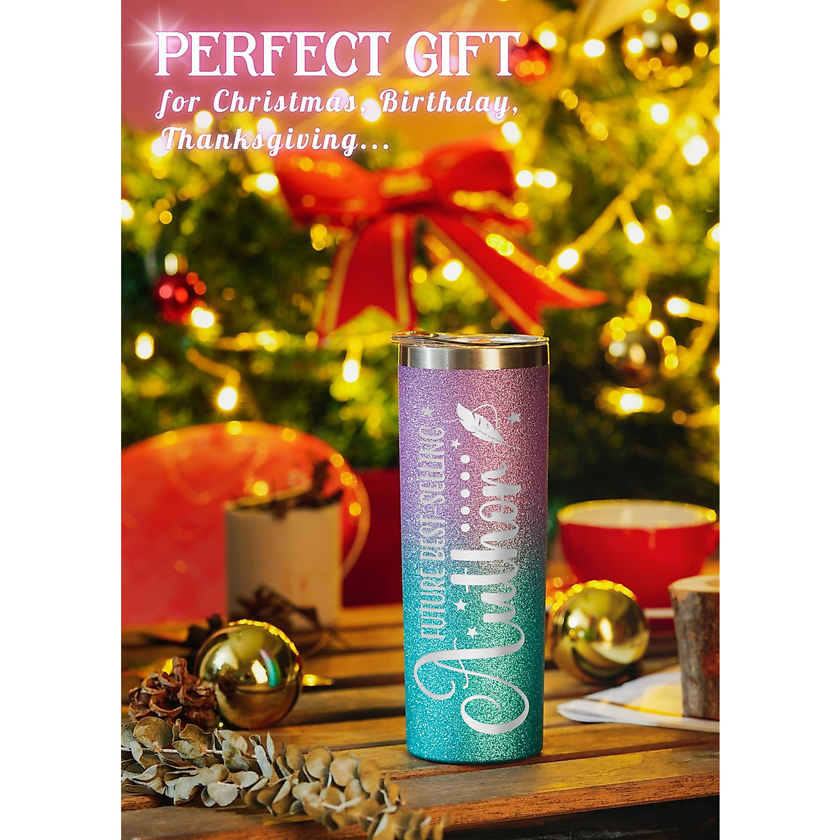 Onebttl Writer Gifts for Women - Future Author - 20oz/590ml Glitter Stainless Steel Insulated Tumbler with Straw - Graduation/Birthday/Christmas Gift for Writers, Novelist