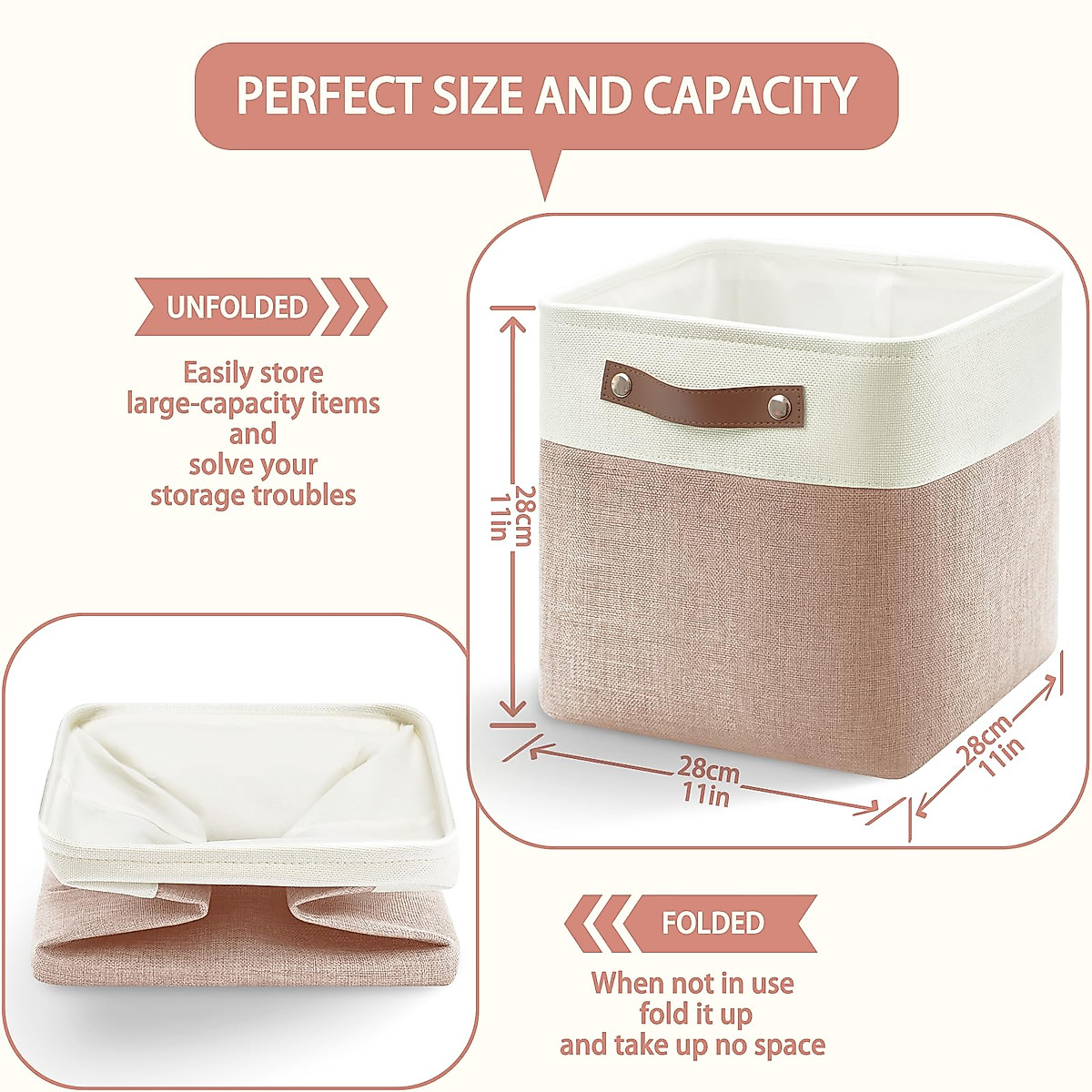 Patvingot Collapsible Fabric Cube Storage Bins 11x11×11, Pack of 6 Closet Basket Boxes with PU Handles for Organizing Shelves, Toys, Clothes, Home, Office,Laundry,Office(White&Pink)