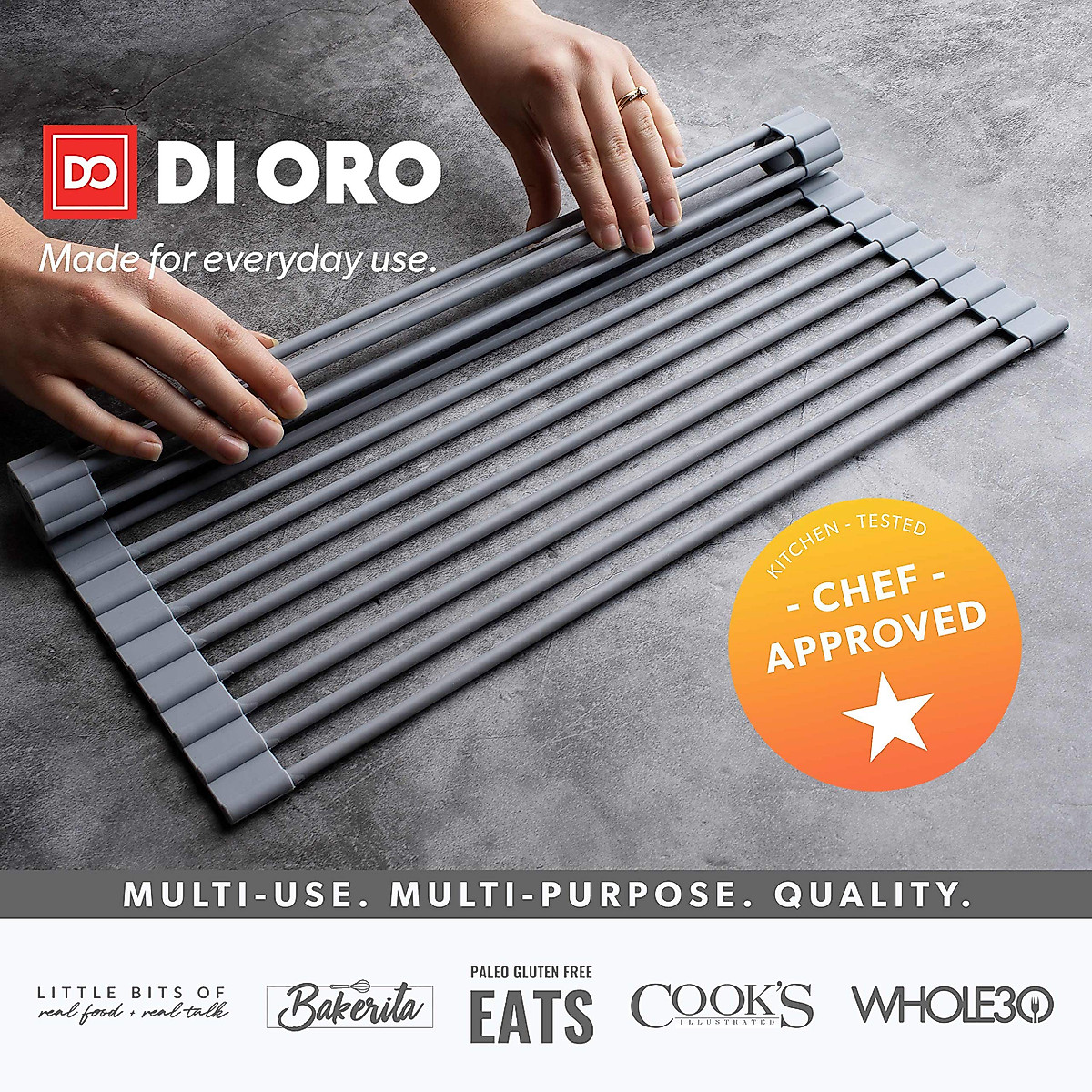 Roll Up Dish Drying Rack - Silicone Dish Drying Rack Over The Sink Kitchen (17" x 13") - Foldable Farmhouse Sink Drying Rack - Heavy- Duty Stainless Steel Core - BPA Free & Dishwasher Safe by DI ORO