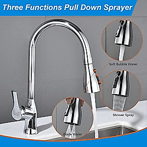 Fulgutonit Pull Out Kitchen Faucet, High Arc Single Handle Kitchen Sink Faucet with 3 Modes Pull Down Sprayer, Kitchen Sink Faucet for Bar Laundry RV Utility Sink, Chrome
