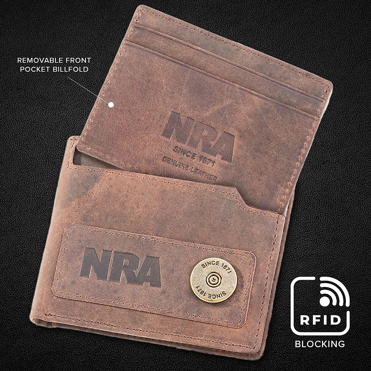 NRA 5-in-1 RFID-Blocking Wallet, Bifold Leather Card Holder Wallet, Brown