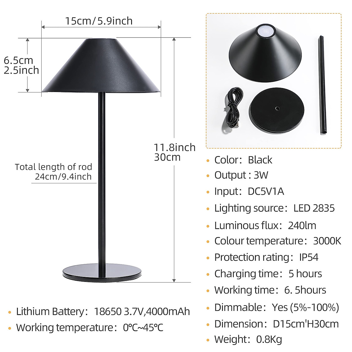 oneleaf Cordless Table Lamp, Modern LED Rechargeable Battery Touch Desk lamp,Night Light, Metal Shell,Minimalist Design, for Couple Dinner/Coffee Table/Restaurant/Bedroom/Camp-Black