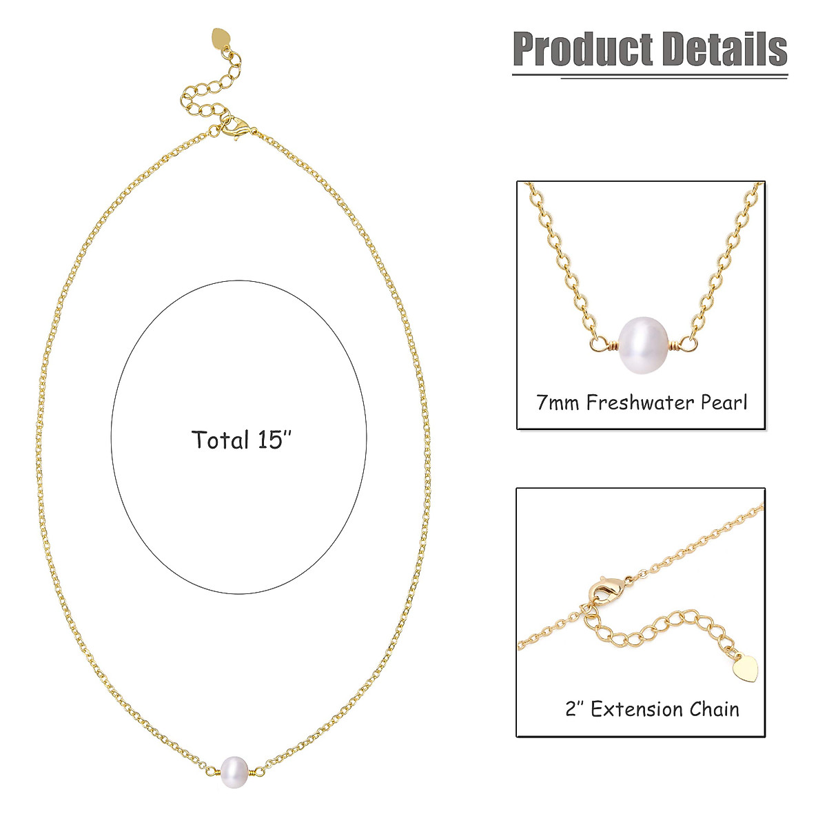 Aobei Pearl Single Cultured Pearl Choker 18K Gold Chain White Bead Necklace Layering Minimalist Jewelry for Women 15’’