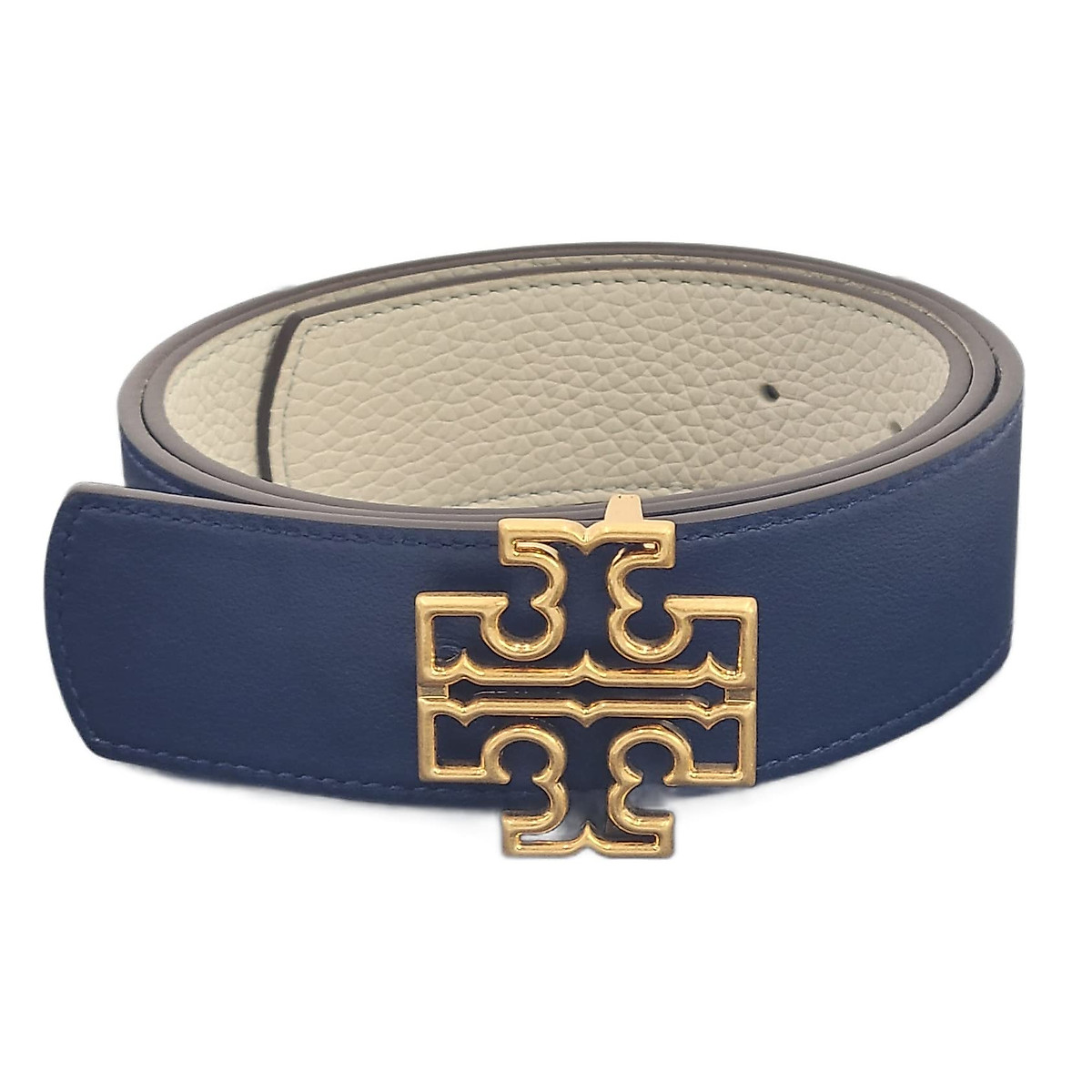 Tory Burch 141742 Britten Royal Navy Blue/New Ivory White With Gold Hardware Reversible 1.5 Inch Width Women's Belt (Small)
