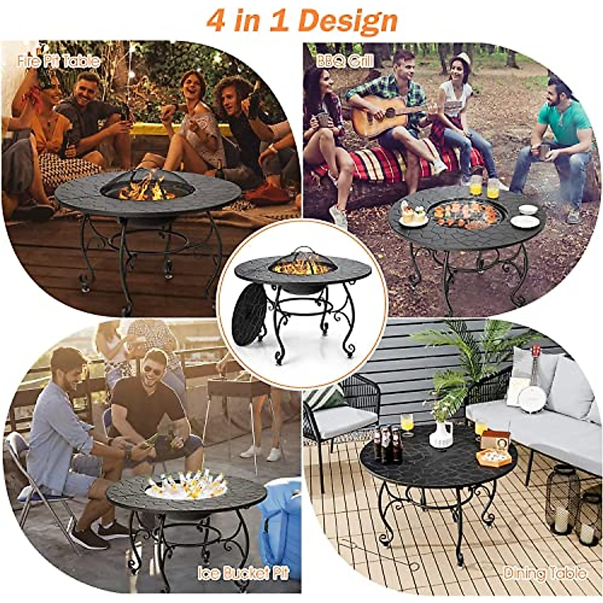 Renatone Bonfire Wood Burning Fire Pit Table, 36 Inch 4-in-1 Outdoor Dining Table, PVC Cover, Multifunctional Metal Round BBQ Garden Fire Bowl with Lid for Garden, Poolside, Backyard