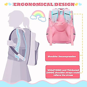 ASKSKY Kids Backpack for Girls, Kawaii Cartoon School Backpack Wide Open Bookbag for 5-10 years old with Reflective Strip, Blue Kitty