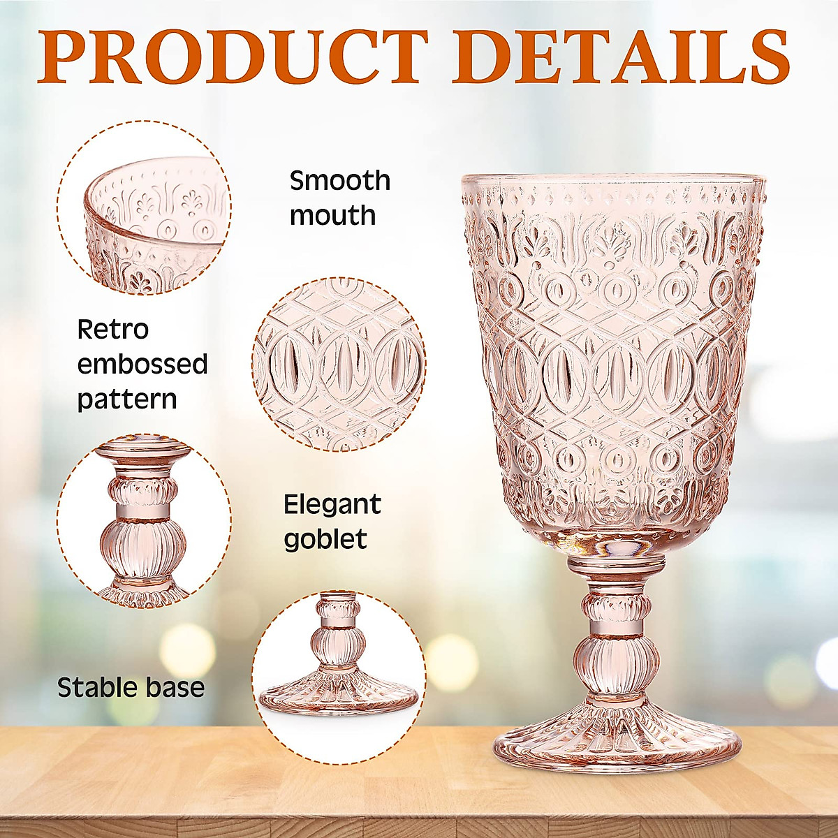 Rtteri 12 Pcs Vintage Glass Goblet Stemmed Wine Glasses Bulks 10 oz Wine Glasses Set High Clear Wine Glass Glassware for Juice Liquor Party Wedding Bars Restaurants Romantic Embossed (Flesh Pink)