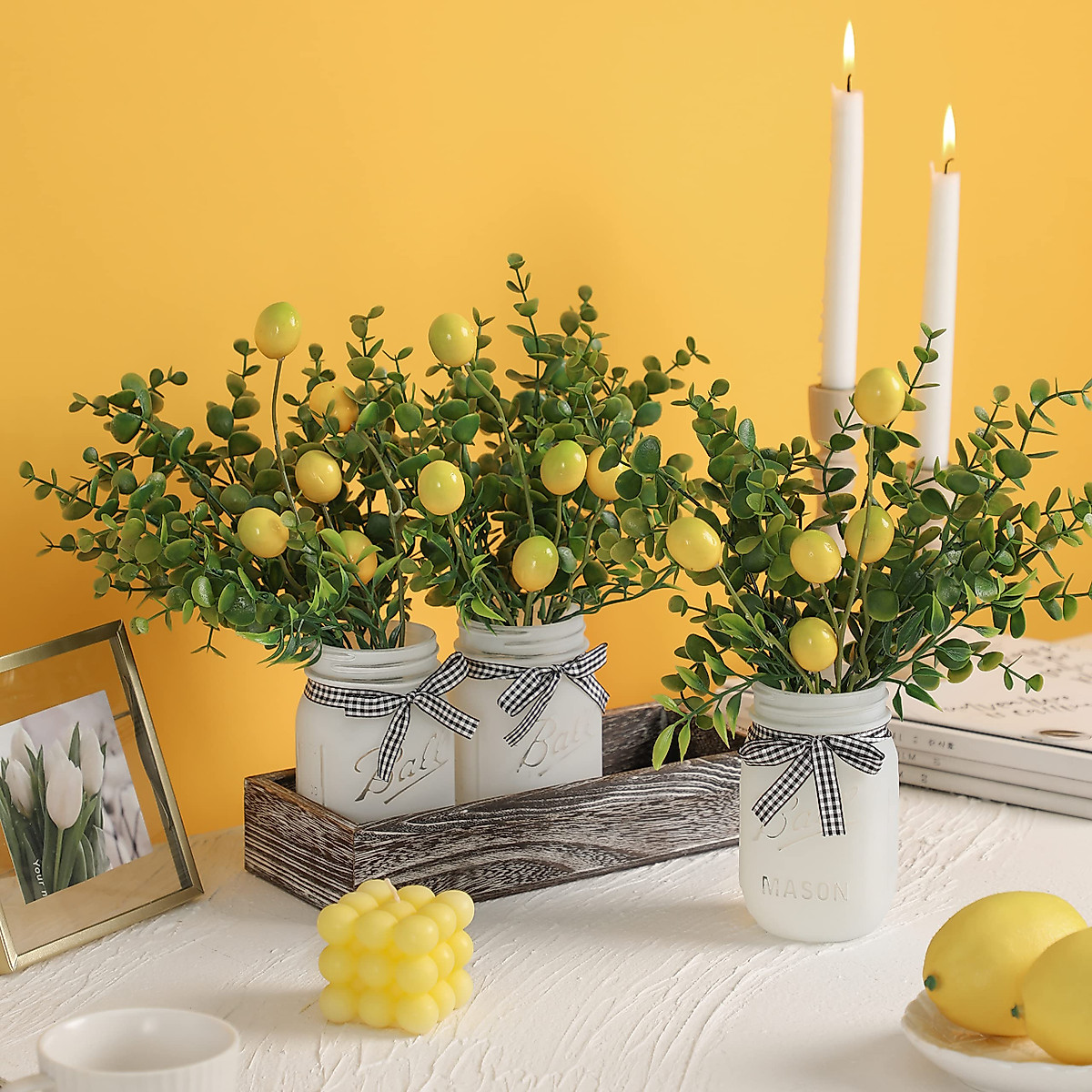 Lemon Mason Jars Centerpiece for Table, Wood Tray with 3 Painted Jars, Dining Coffee Table Centerpiece For Kitchen, Living Room, Spring Mason Jar Decor with Lemon