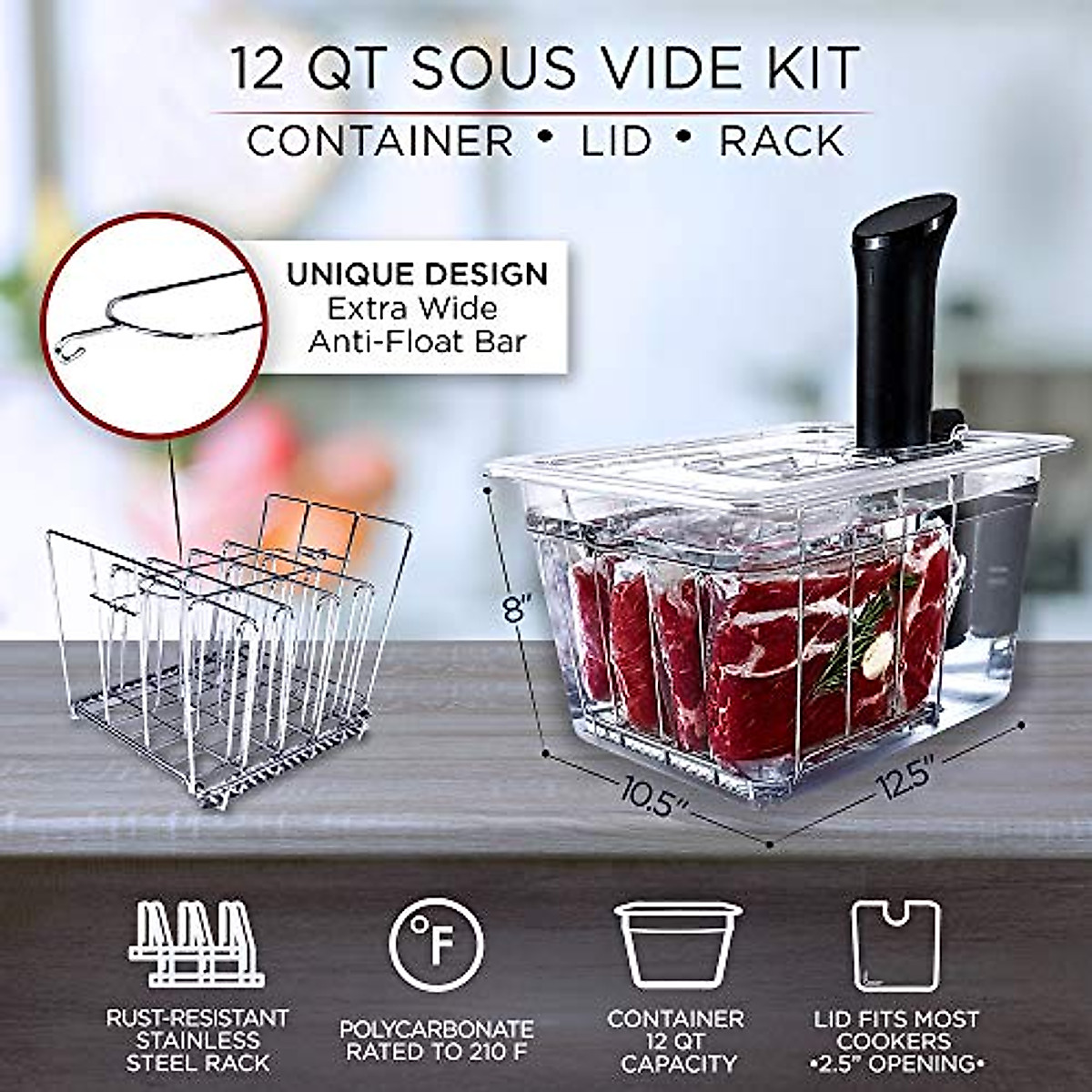 Väeske Sous Vide Container with Lid | Fits Most Sous Vide Cookers | Sous Vide Accessories (12 Quarts, Rack)