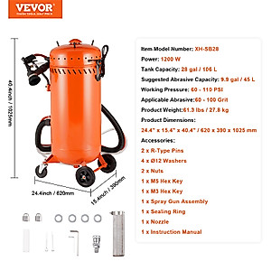 VEVOR 28 Gallon Vacuum Sand Blaster, Dustless Sandblaster with Built-in 1200W Vacuum System for Dust Control and Abrasive Recycle, 60-110 PSI Heavy Duty Dustless Blasting Machine