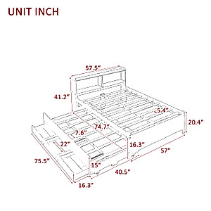 Full Size Bed Frame with Bookcase Headboard,Captain’s Bed Full with Trundle and Drawers for Kids,Trundle Bed with Storage for Teens,Adults(Full,White)