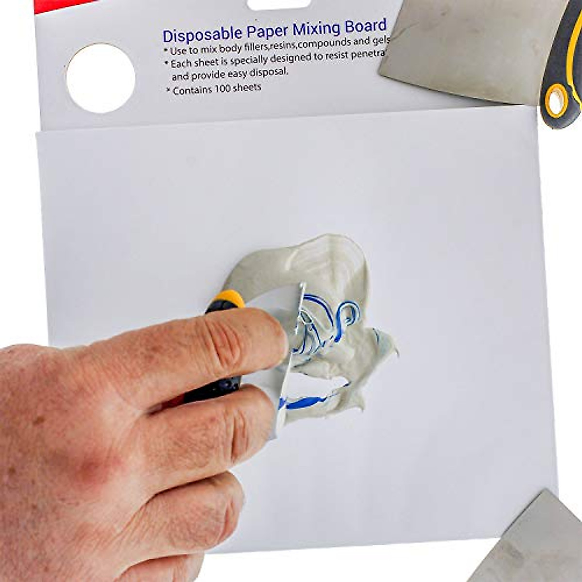 Custom Shop Multi-Layered Disposable Paper Body Filler Mixing Board Sheets (100 Sheets) with 4, 5, & 6 Inch Body Filler Spreaders for Automotive Body Fillers, Putties and Glazes