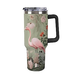 40 Oz Flamingo Insulated Stainless Steel Tumbler with Handle & Straw Lid, Reusable Travel Cupholder Friendly Mug for Coffee, Water, Tea