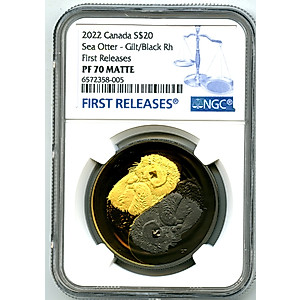 2022 CA Canada BLACK AND GOLD RHODIUM SEA OTTER 1 OZ .9999 Silver FIRST RELEASES $20 NGC PF70 MATTE